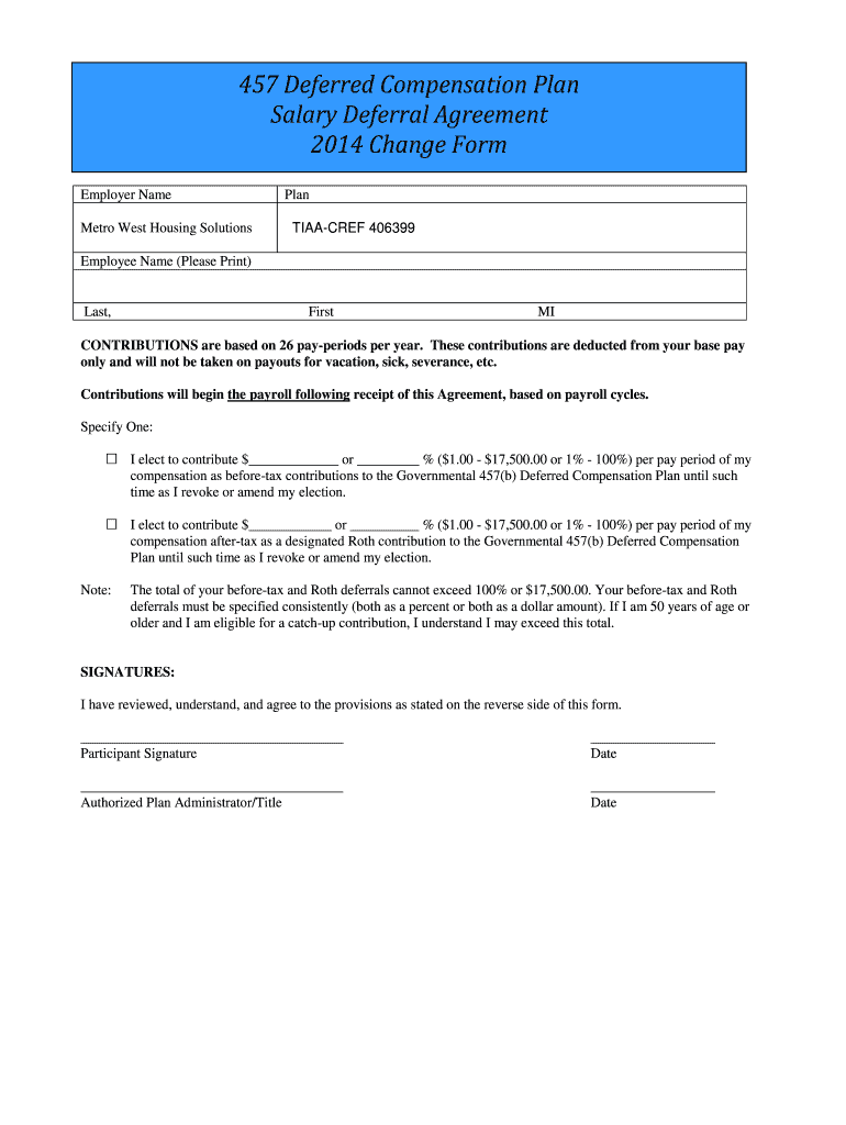 Fillable Online 457 Deferred Compensation Change Form Fax Email Print ...