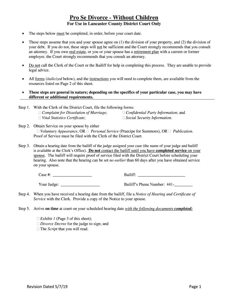 Fillable Online Pro Se Divorce - Without Children - Lancaster County ...