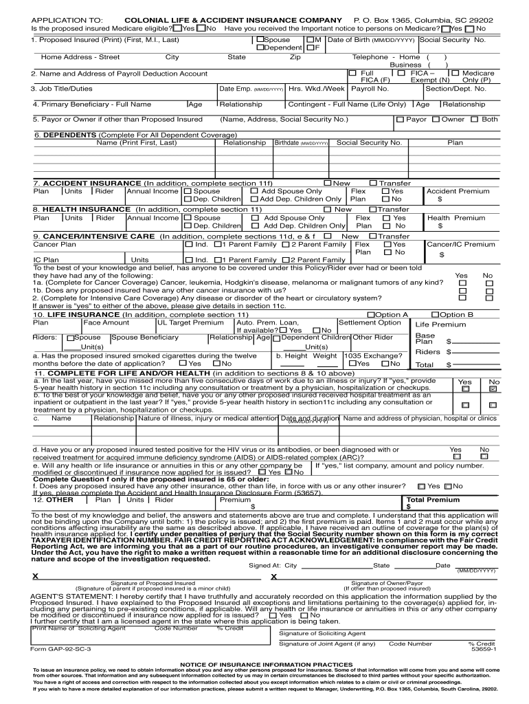 Fillable Online Colonial Life Insurance Cancer and Hospital Confinement Enrollment Form Fax ...