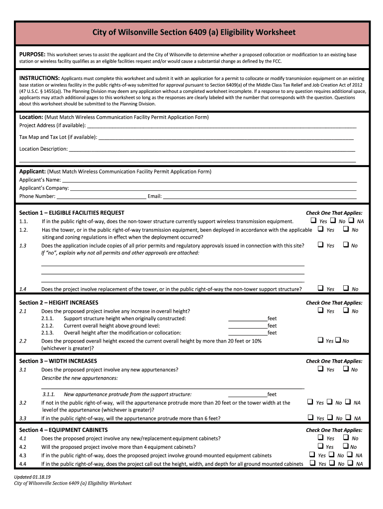 Fillable Online City of Wilsonville Section 6409 (a) Eligibility Worksheet Fax Email Print ...