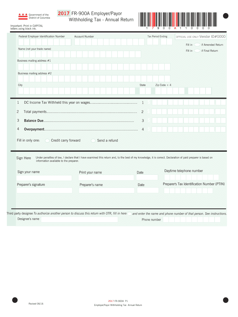 Fillable Online 2017 FR-900A - Office of Tax and Revenue - DC.gov Fax ...
