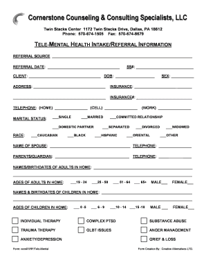 Fillable Online INTAKE/REFERRAL - TELE-MENTAL HEALTH. Form Fax Email ...