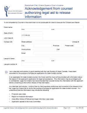 Fillable Online Acknowledgement from counsel authorizing legal aid to ...