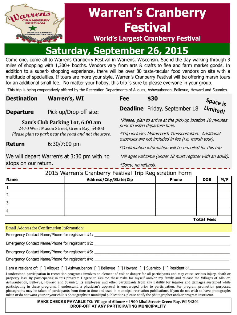 Fillable Online Warren's Cranberry Festival - Village of Allouez Fax ...
