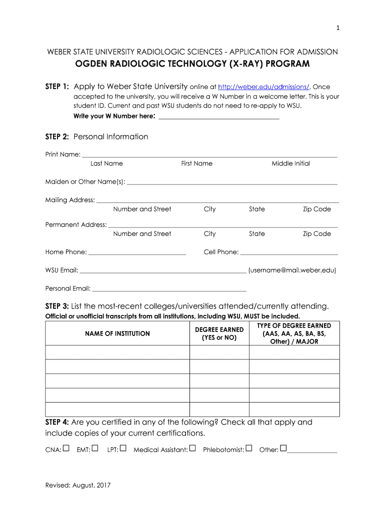 Fillable Online apps weber WEBER STATE UNIVERSITY RADIOLOGIC SCIENCES ...