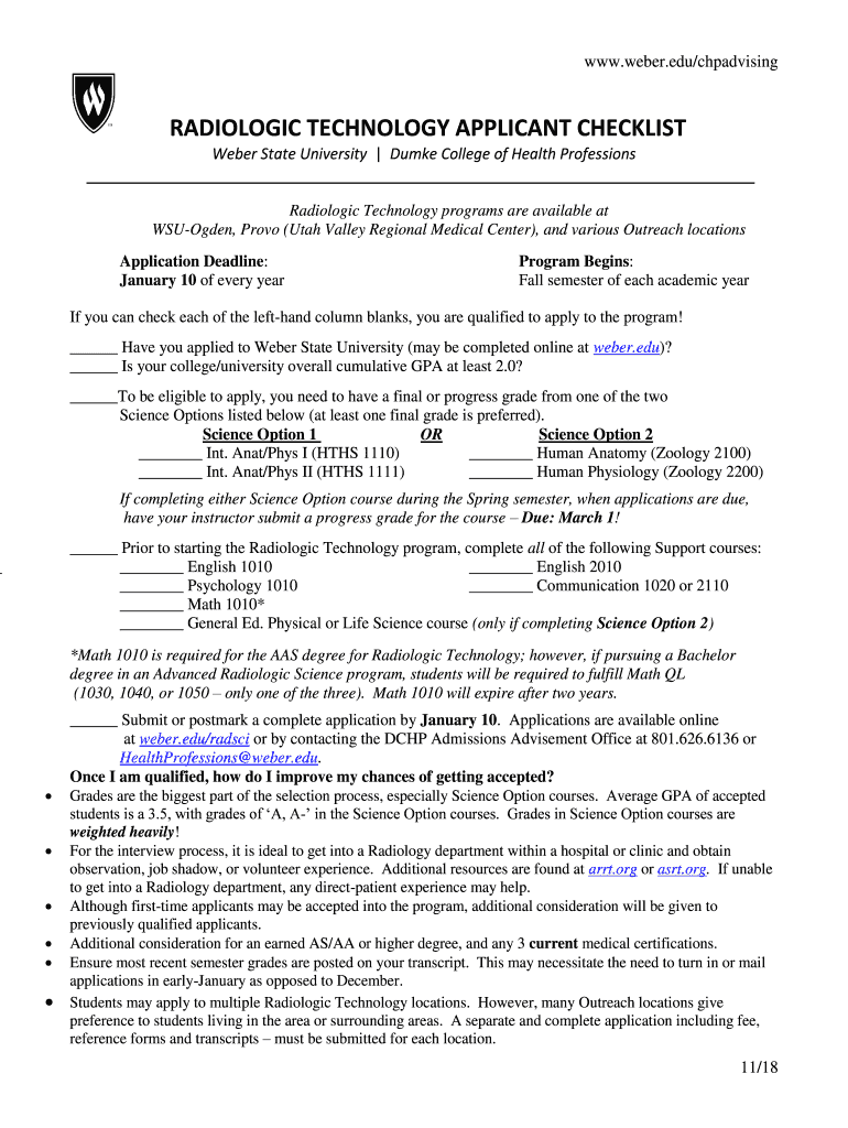 Fillable Online radiologic technology applicant checklist - Weber State ...