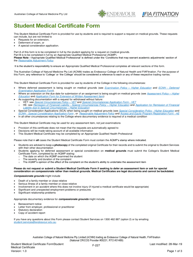 Fillable Online Student Medical Certificate Form Fax Email Print ...