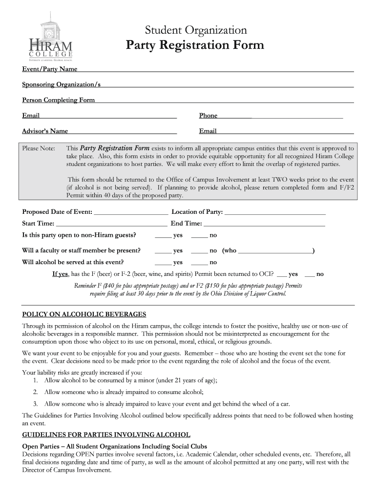 Fillable Online Student Organization Party Registration Form Fax Email ...