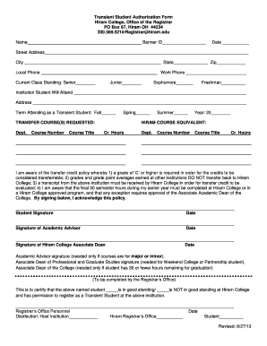 Fillable Online Transient Student Authorization Form - Hiram College ...