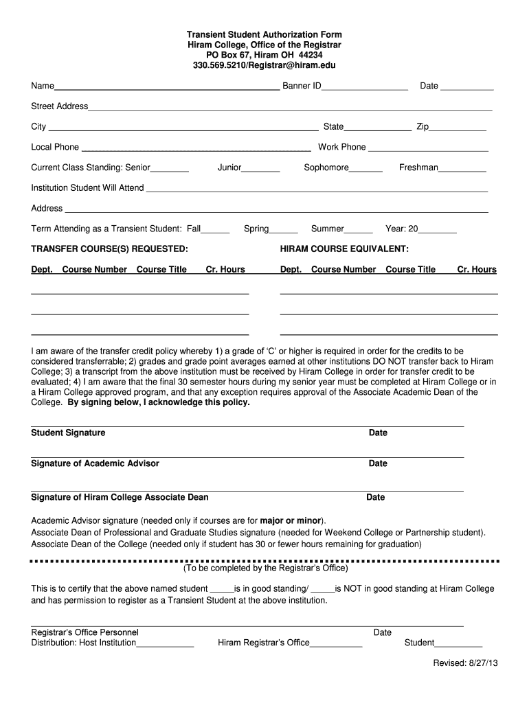 Fillable Online Transient Student Authorization Form - Hiram College ...