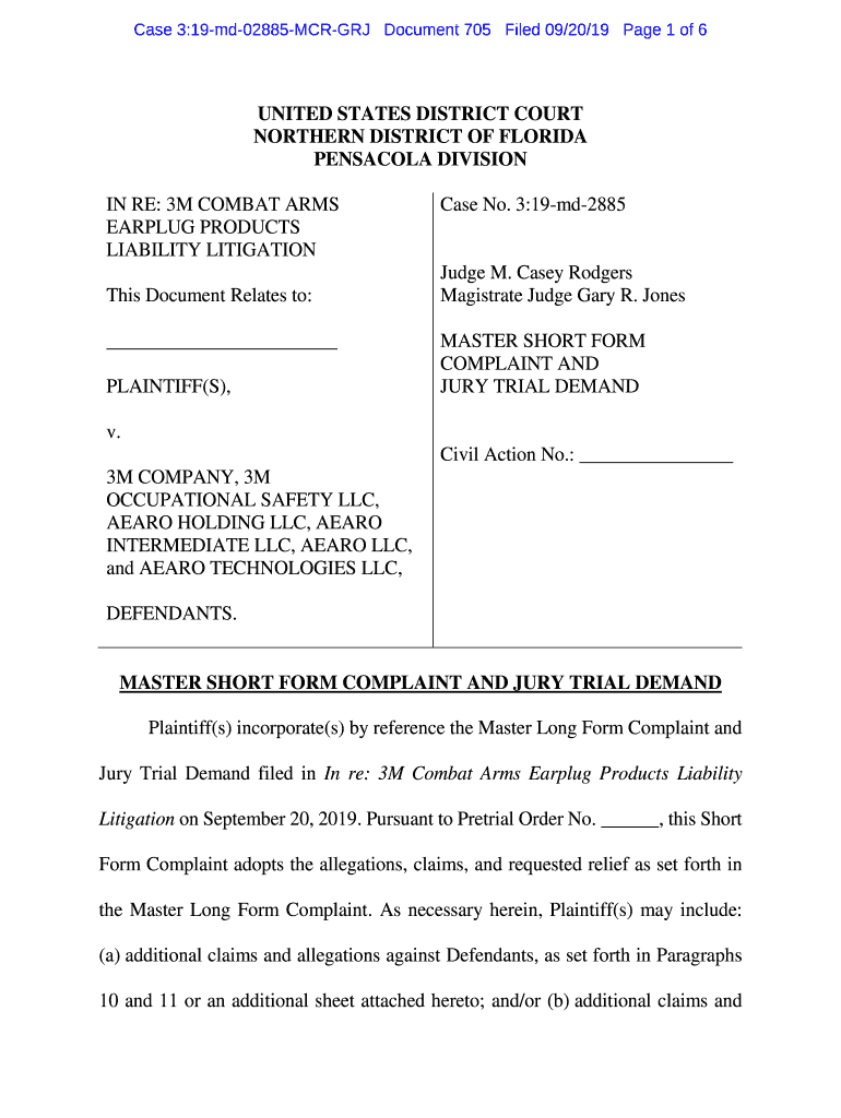 FL Master Short Form Complaint And Jury Trial Demand 2019-2022 - Fill ...
