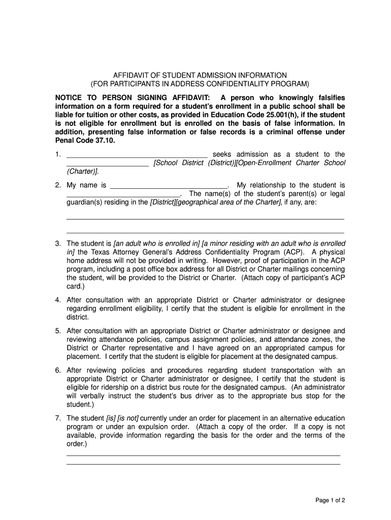 Fillable Online AFFIDAVIT OF STUDENT ADMISSION INFORMATION ... Fax ...