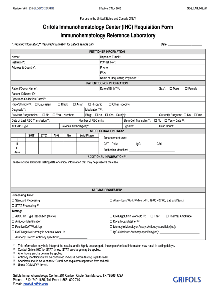 Fillable Online Immunohematology Reference Lab TestingRed Cross Blood ...