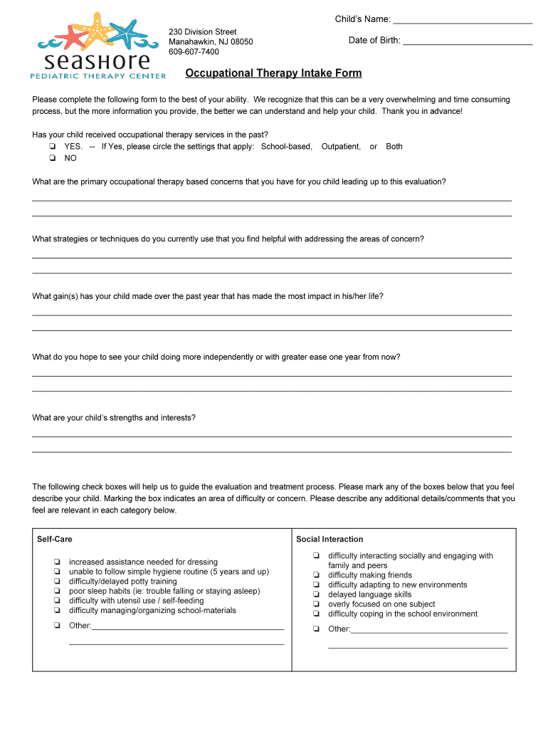 Fillable Online new patient intake form - Seashore Pediatric Therapy ...