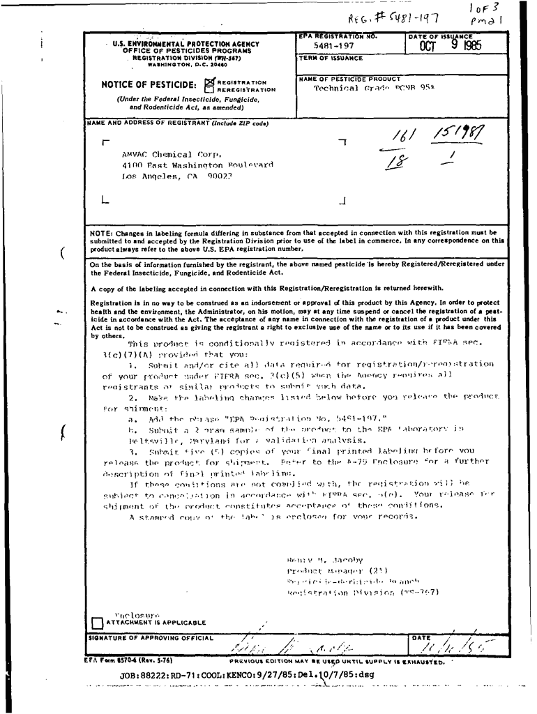 Fillable Online U.S. EPA, Pesticide Product Label, TECHNICAL GRADE PCNB ...
