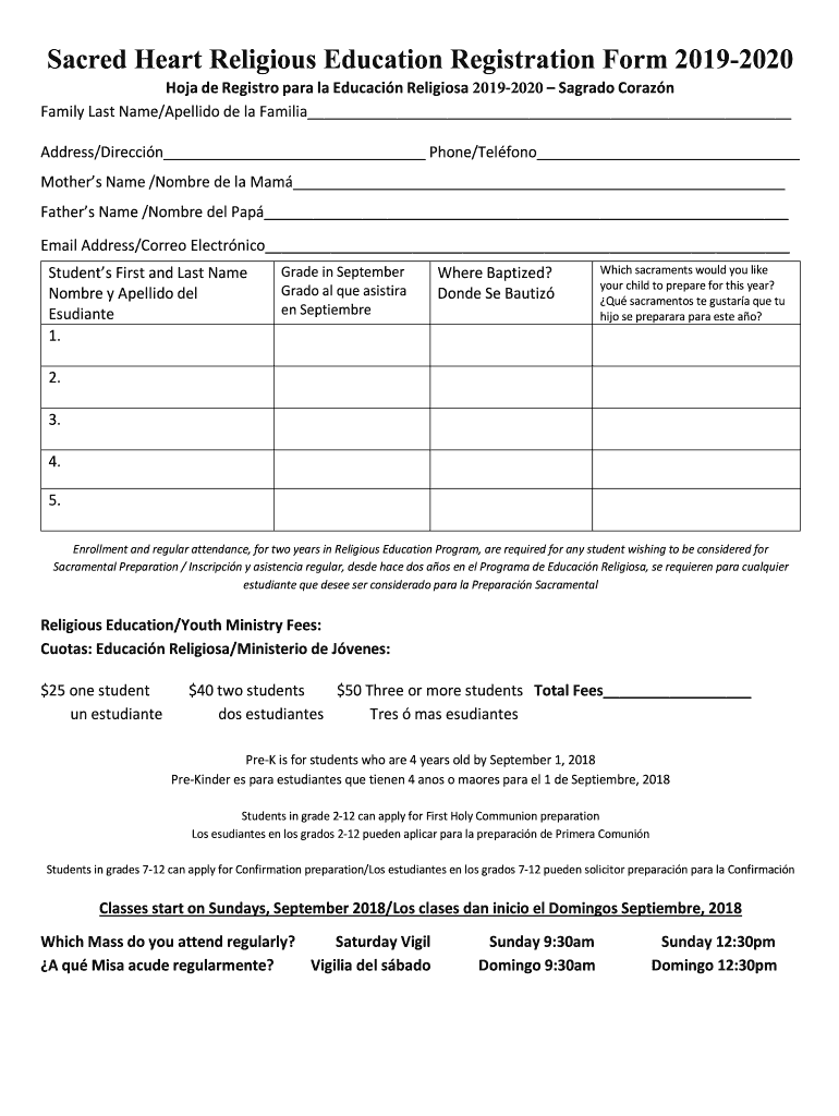 Fillable Online Sacred Heart Religious Education Registration Form 2019 ...