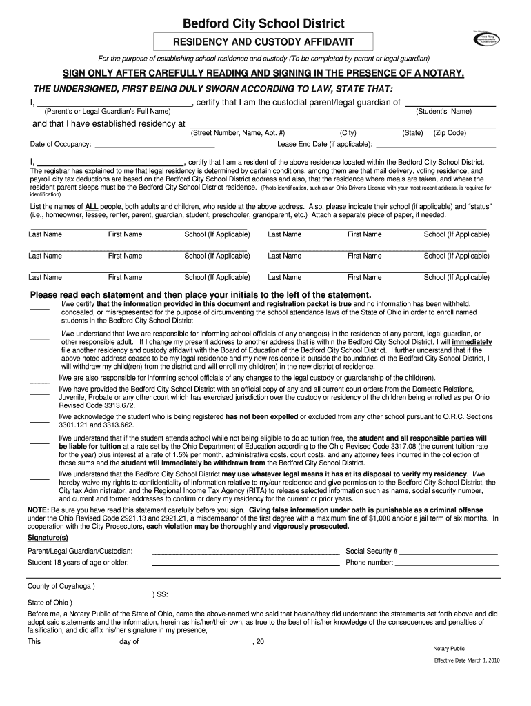 Fillable Online Residency Affidavit - Bedford City School District Fax Email Print - pdfFiller