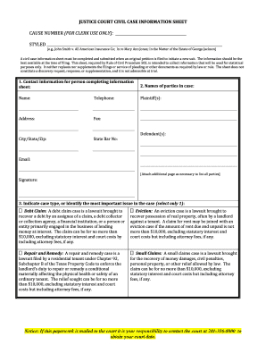 Fillable Online Justice Court Civil Case Information Sheet - Texas ...