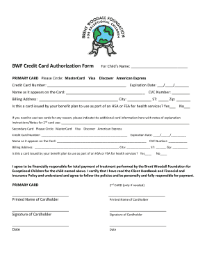 Fillable Online BWF Credit Card Authorization Form For Child's Name ...