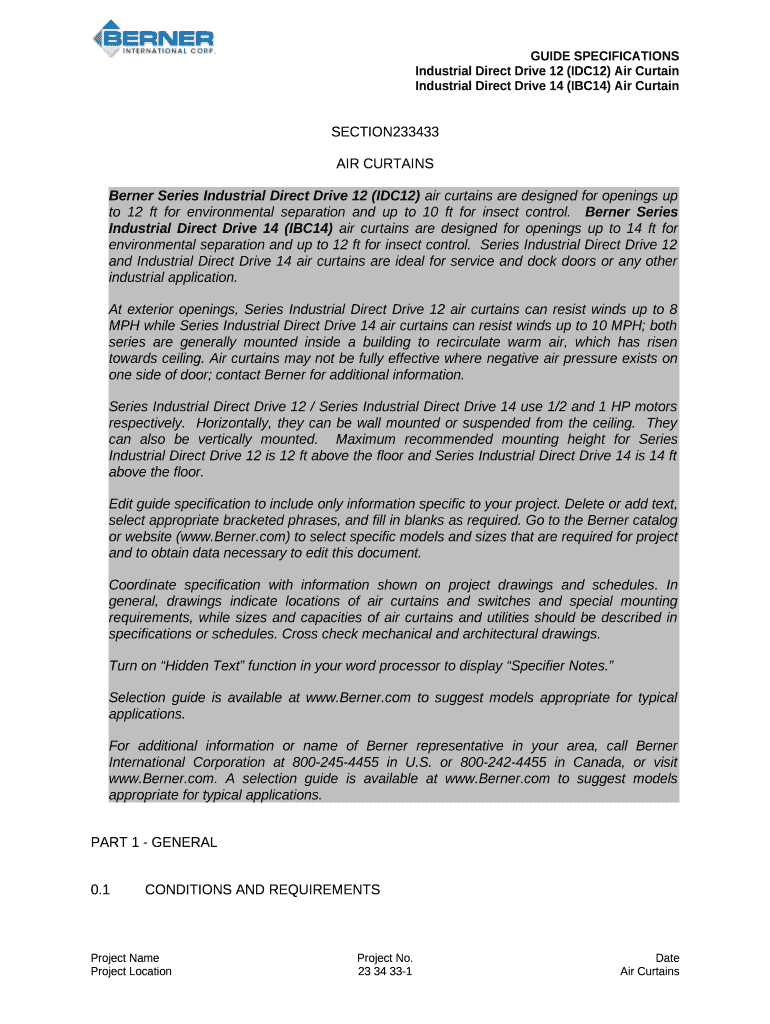 Berner Industrial Direct Drive 12 and 14 Air Curtain CSI Specs Doc ...