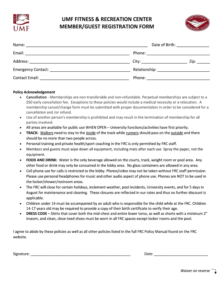 Fillable Online www2 umf maine UMF FITNESS & RECREATION CENTER MEMBER ...