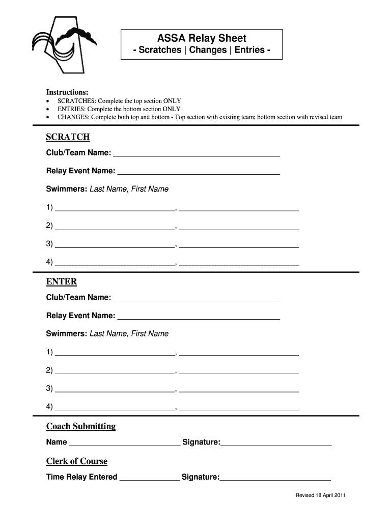 Fillable Online ASSA Relay Sheet - ScratchesChangesEntries Fax Email ...