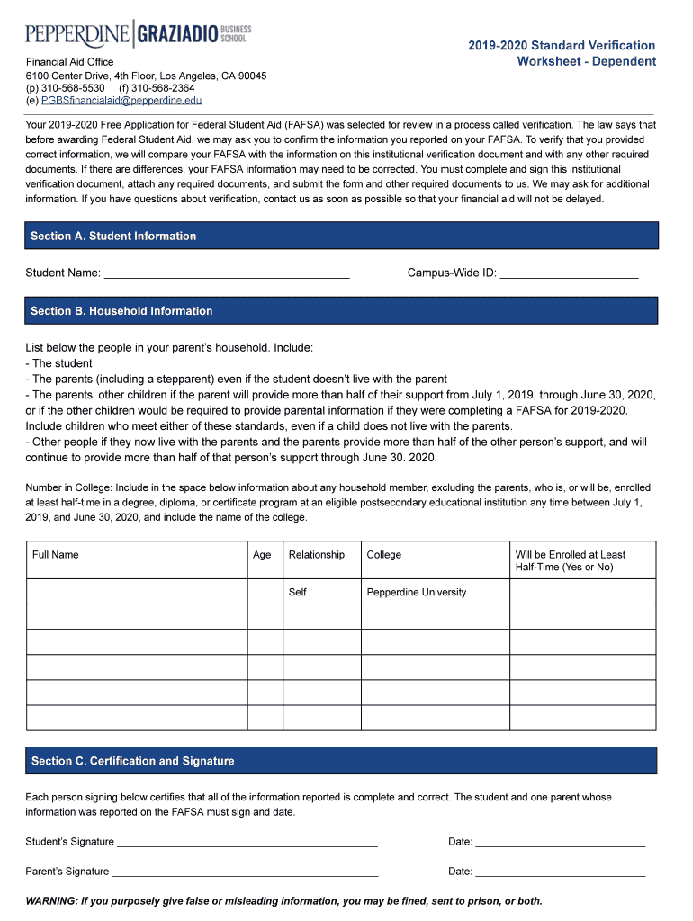 Fillable Online bschool pepperdine 2019-2020 Verification Worksheet ...