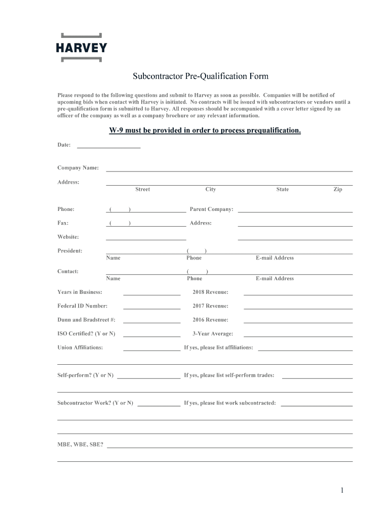 Fillable Online Subcontractor Pre-Qualification Form - Harvey ...