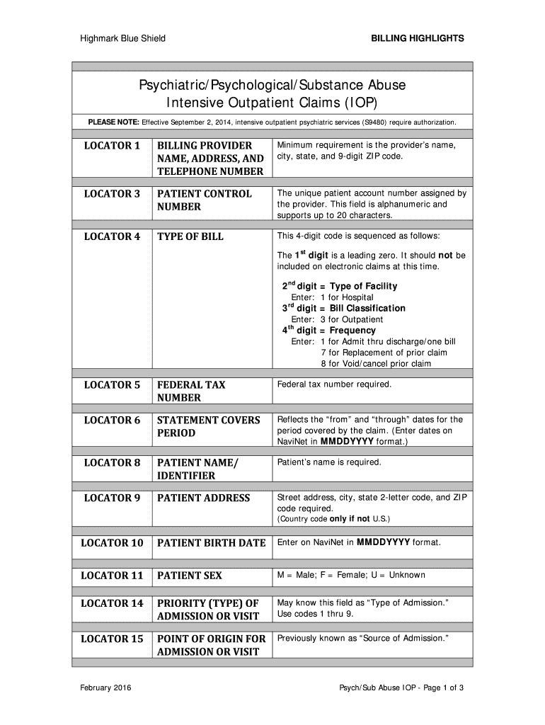 Fillable Online Billing Highlights - Psych/Substance Abuse Intensive ...