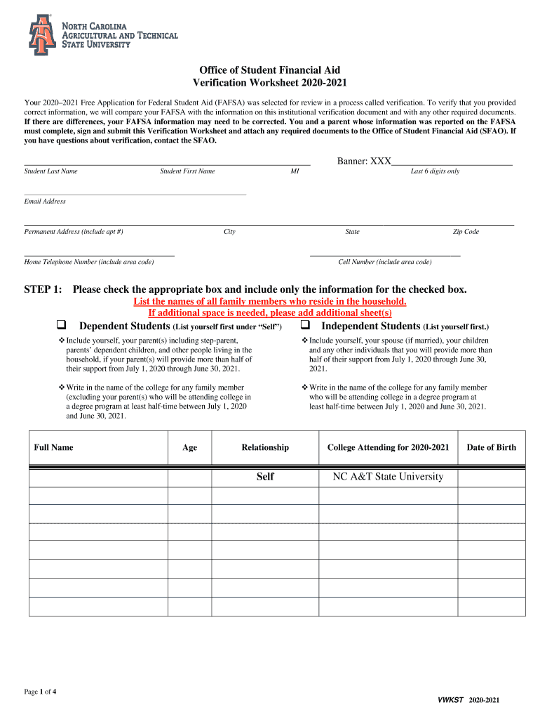 2009-2010 Verification Worksheet (Federal Student Aid: Fill out & sign ...