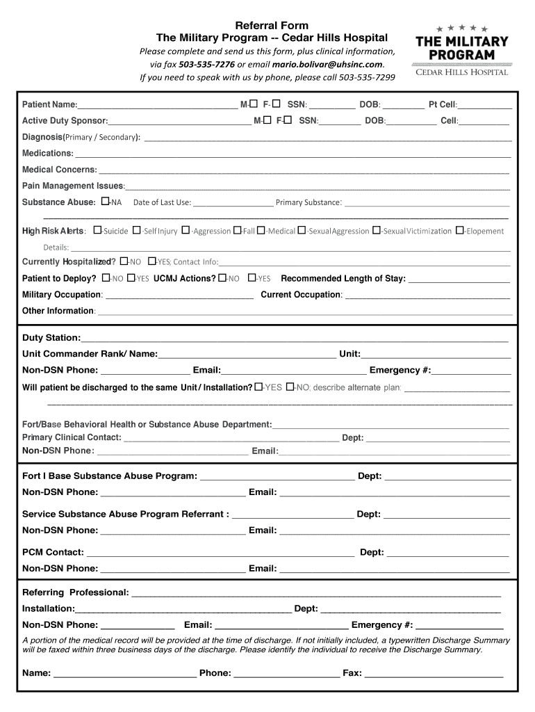 Fillable Online Referral Form The Military Program -- Cedar Hills ...