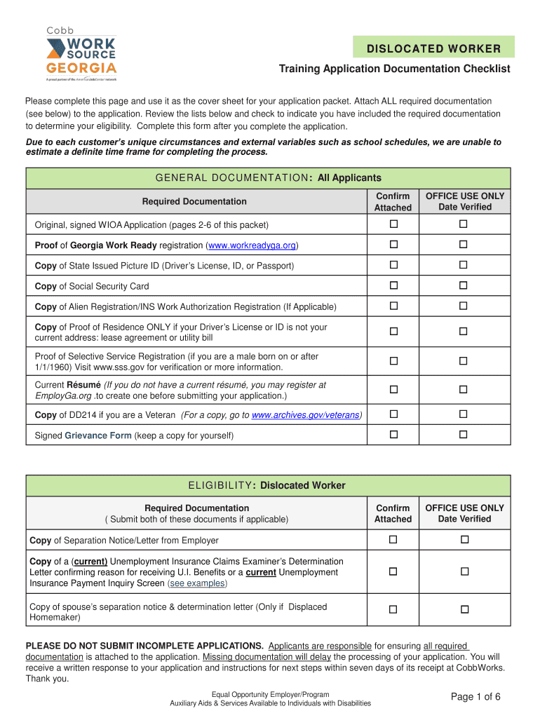 Fillable Online DISLOCATED WORKER Training Application Documentation Checklist Fax Email Print ...