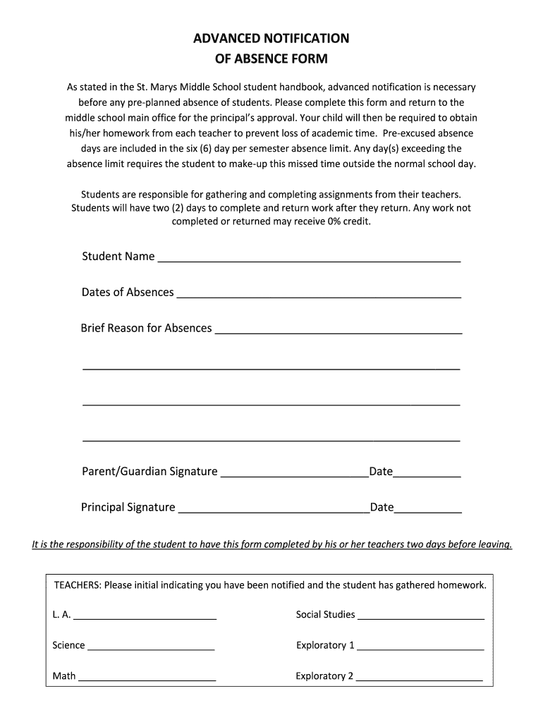 Fillable Online advanced notification of absence form - St Marys City ...