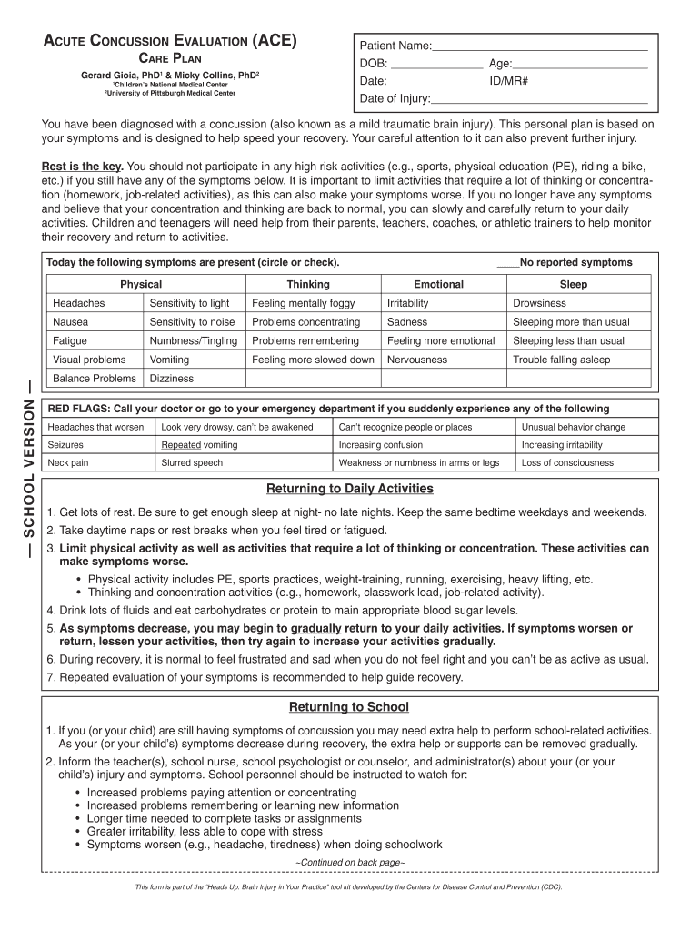 Fillable Online oregon providence Acute Concussion EvAluAtion (Ace ...