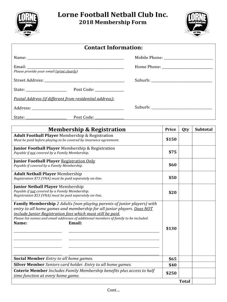 Fillable Online Lorne Football Netball ClubWe get our kicks on the ...