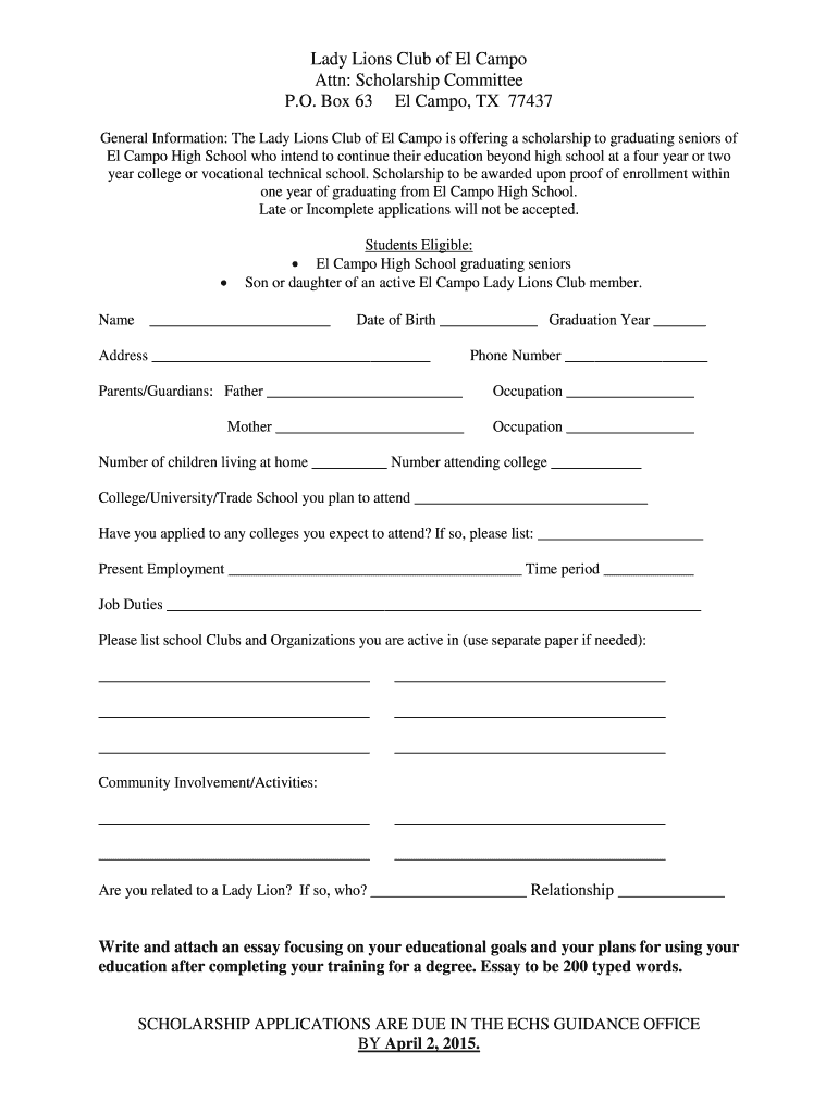 Fillable Online echs ecisd Fillable Online echs ecisd Lady Lions Club ...