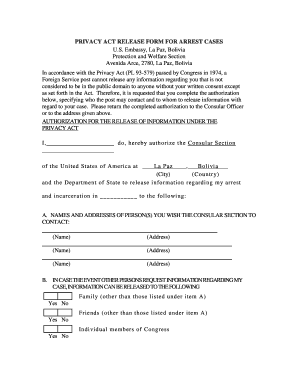 Fillable Online photos state PRIVACY ACT RELEASE FORM FOR ARREST CASES ...