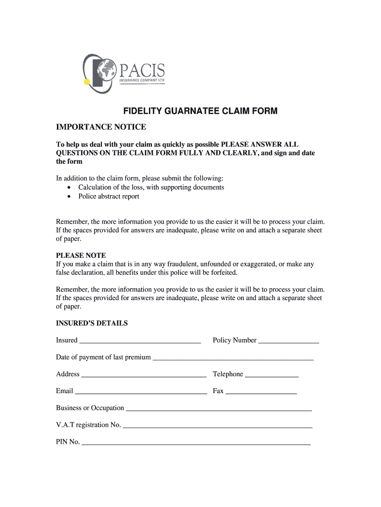 Fillable Online fidelity guarnatee claim form - Waumini Insurance ...
