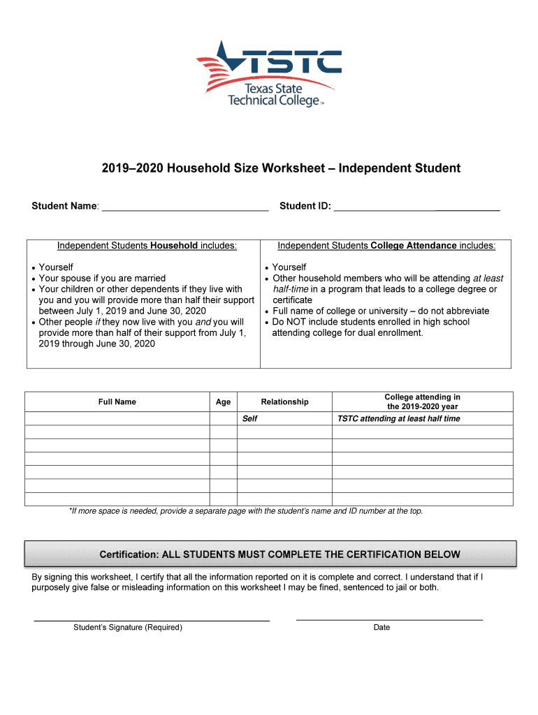 Fillable Online 20192020 Household Size Worksheet Independent Student Fax Email Print - pdfFiller