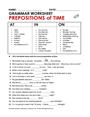 Fillable Online NAME: DATE: GRAMMAR WORKSHEET PREPOSITIONS of TIME Fax ...