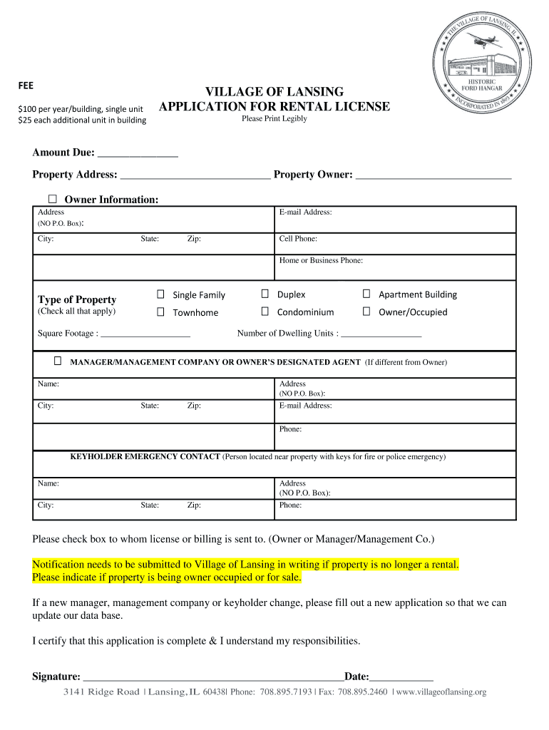 Fillable Online VILLAGE OF LANSING APPLICATION FOR RENTAL LICENSE Fax ...
