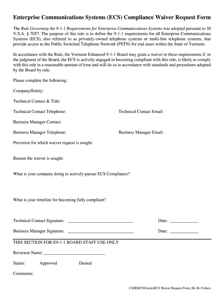 Fillable Online e911 vermont (ECS) Compliance Waiver Request Form - Enhanced 911 Board Fax Email ...