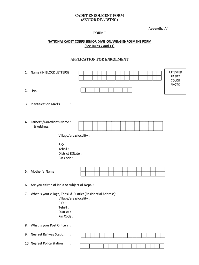 Fillable Online FORM I National Cadet Corps Senior Division/Wing ...