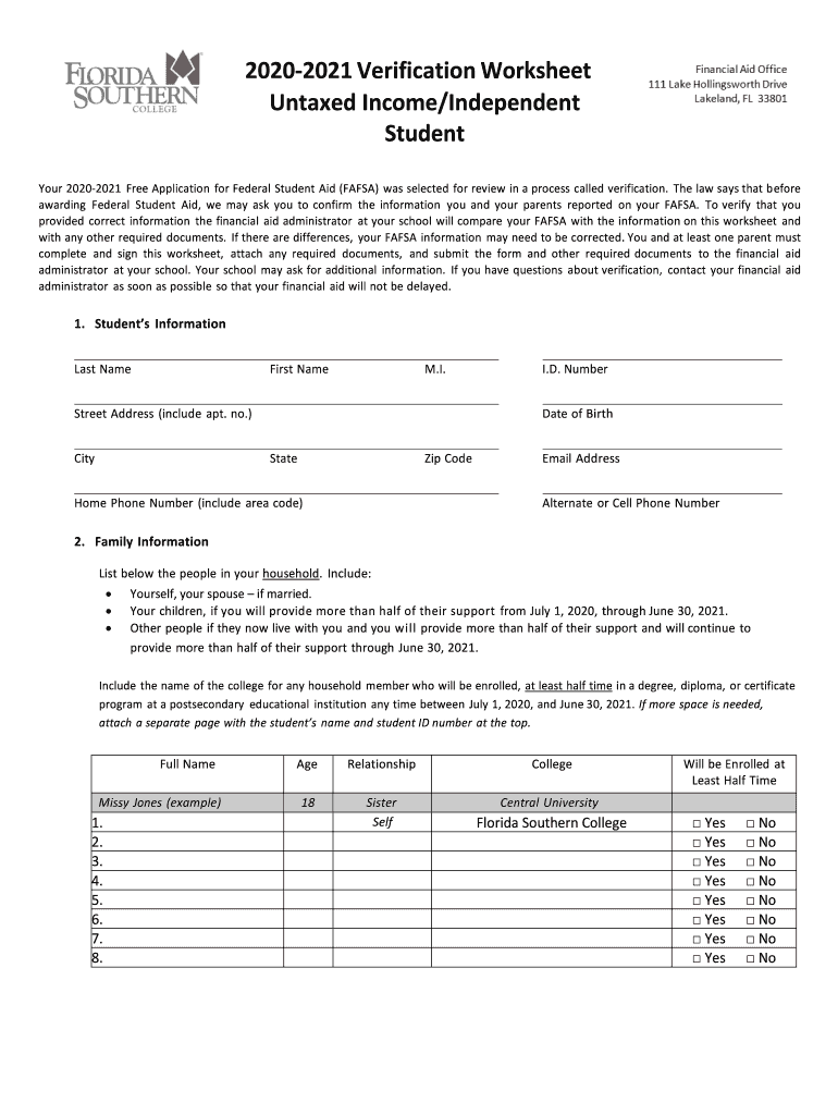 Fillable Online 20202021 Verification Worksheet Independent Student Fax Email Print - pdfFiller