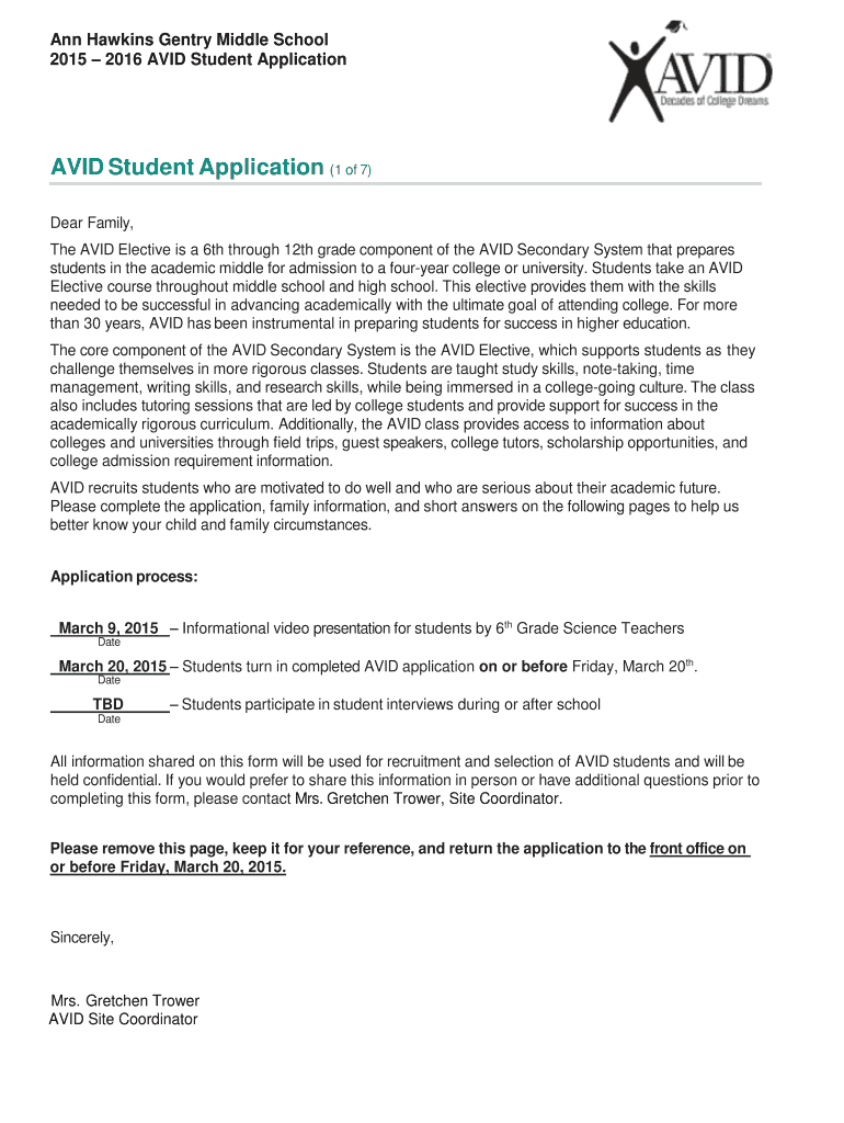 Fillable Online AVID Student Application (1 of 7) - Columbia Public ...