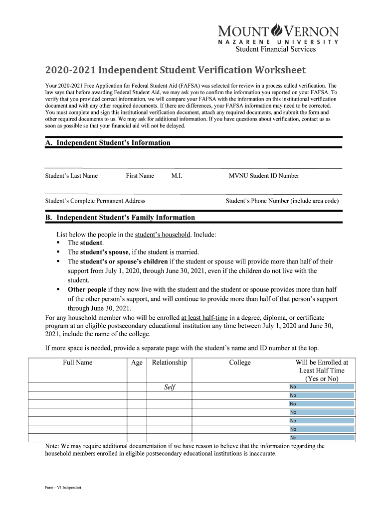 Fillable Online 2020-2021 Independent Verification Worksheet - University of ... Fax Email Print ...