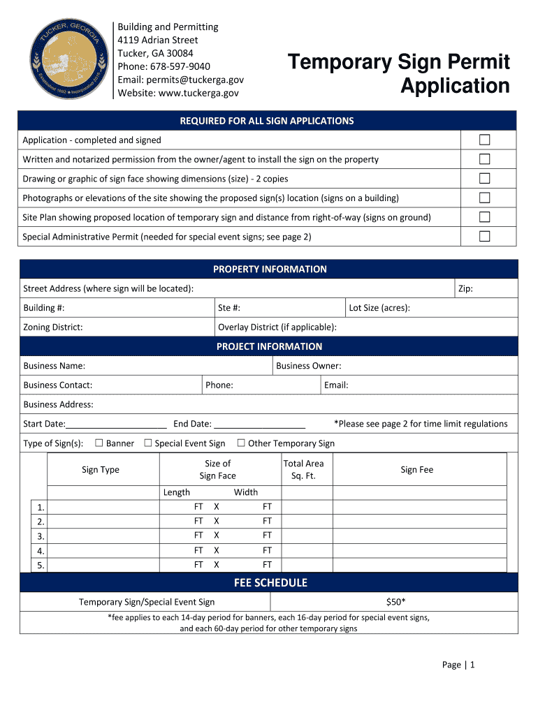 Fillable Online Permanent Sign Permit Application - City of Tucker Fax ...