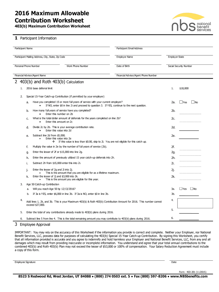 Fillable Online 2016 403 Maximum Allowable Contribution Worksheet Fax ...