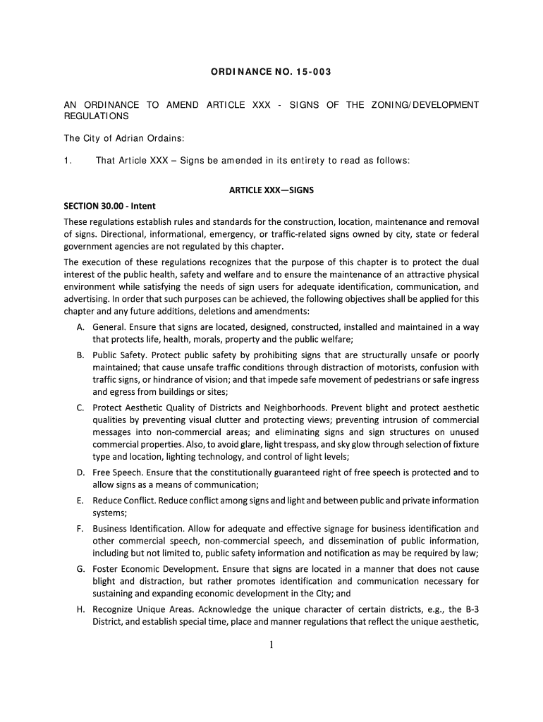 Fillable Online AN ORDINANCE TO AMEND ARTICLE XXX - SIGNS OF THE ZONING/DEVELOPMENT Fax Email ...
