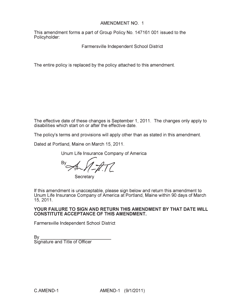 Fillable Online This amendment forms a part of Group Policy No. 147161 ...